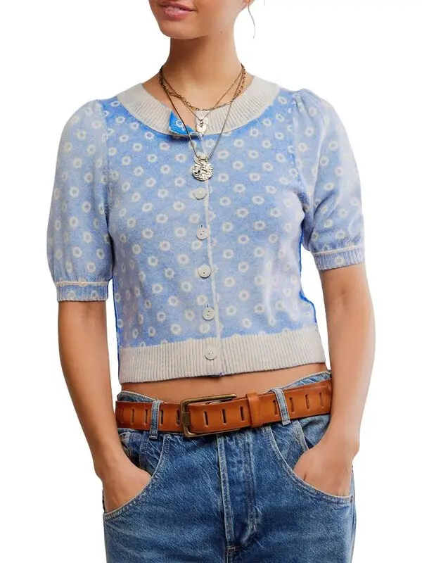 Free People Isla Puff Sleeve Crop Cardigan - Blue Combo