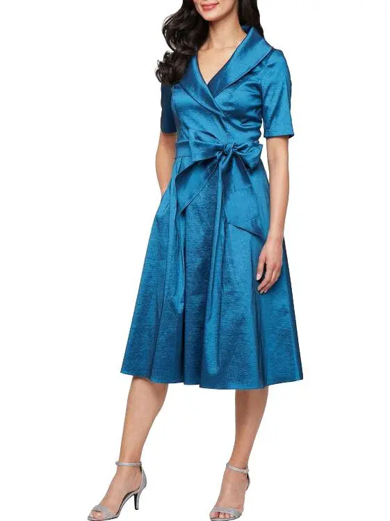 Alex Evenings Stretch Taffeta Faux Wrap Midi Cocktail Dress - Deep Blue