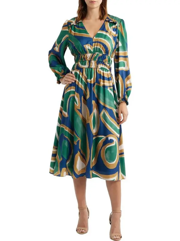 Julia Jordan Abstract Print Long Sleeve Midi Dress - Green Multi