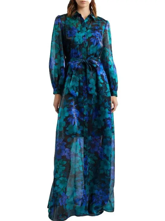 Julia Jordan Floral Print Long Sleeve Shirt Dress - Blue Multi