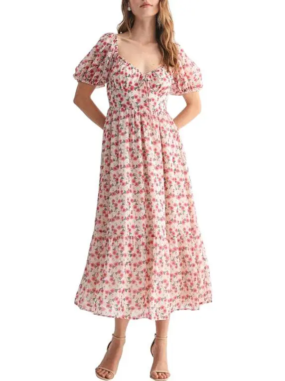 ALL IN FAVOR Puff Sleeve Ruffle Hem Maxi Dress - Blush Floral
