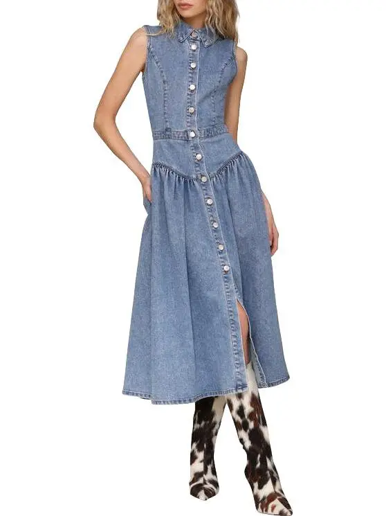 Avec Les Filles Sleeveless Denim Midi Shirt Dress - Medium Wash