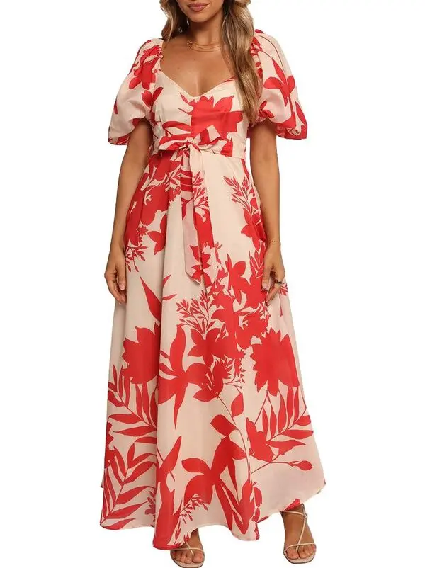 PETAL & PUP Ellery Puff Sleeve Tie Waist Dress - Red Floral