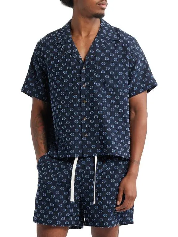 RIZORT Jame Dot Print Cotton & Linen Camp Shirt - Navy