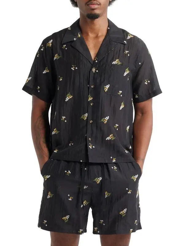 RIZORT Madison Floral Cotton & Lyocell Plissé Camp Shirt - Black