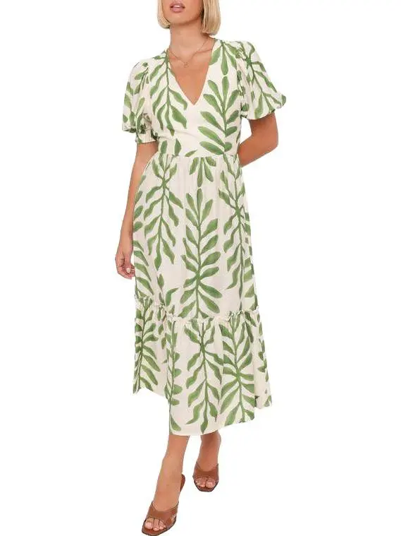PETAL & PUP Puff Sleeve Tiered Midi Dress - Green Palm