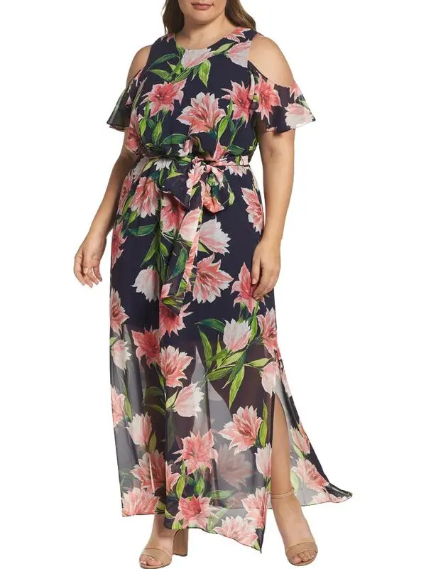 Eliza J Floral Chiffon Cold Shoulder Maxi Dress - Navy/coral