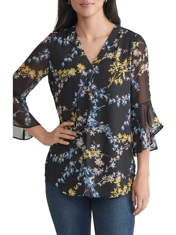 Jones New York Floral Flutter Sleeve Top - Jones Black Multi