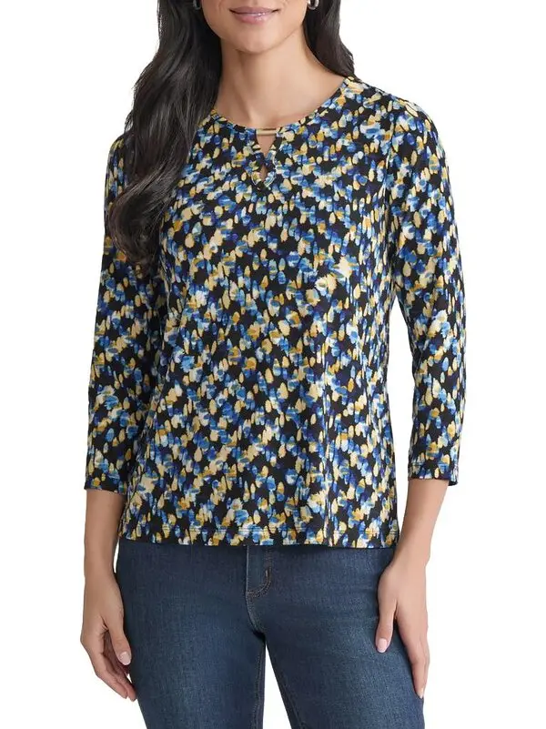 Jones New York Abstract Keyhole Three-quarter Sleeve Crepe Top - Jones Black Multi