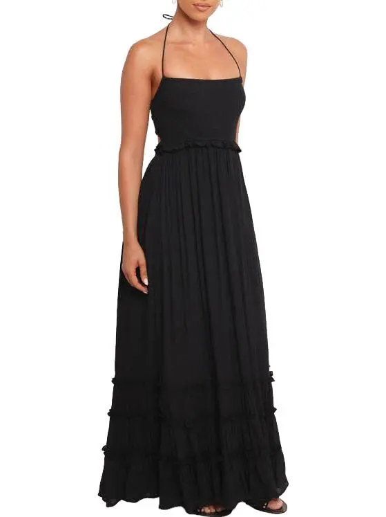PETAL & PUP Lysandra Smocked Halter Maxi Dress - Black