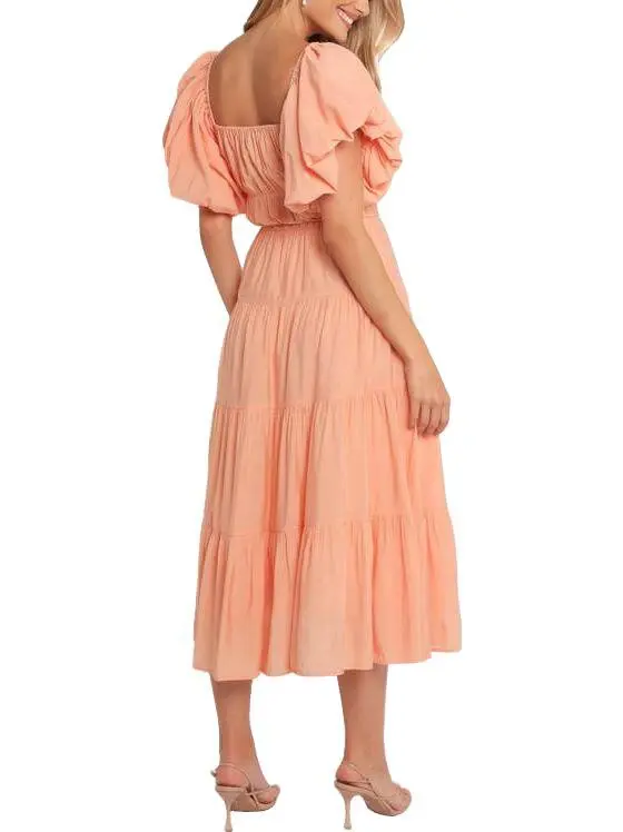 PETAL & PUP Julie Flutter Sleeve Tiered Midi Dress - Peach