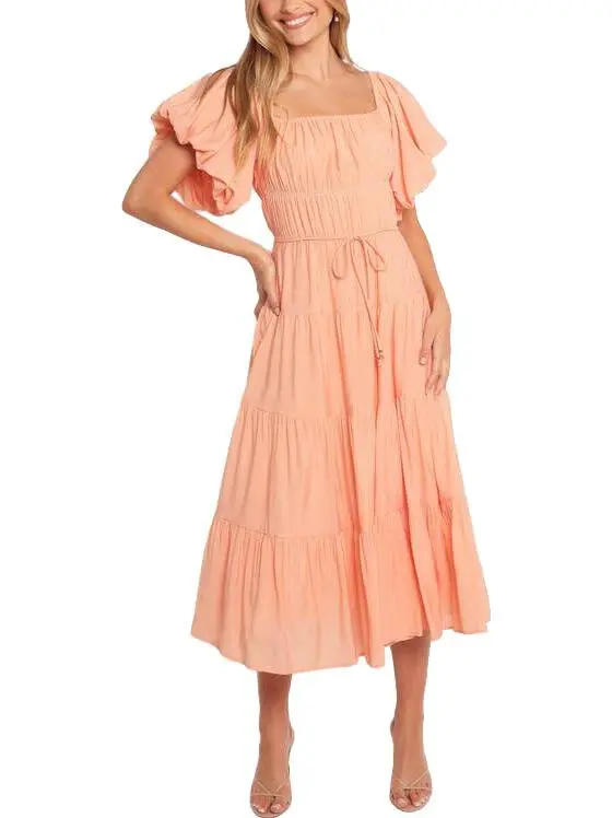 PETAL & PUP Julie Flutter Sleeve Tiered Midi Dress - Peach