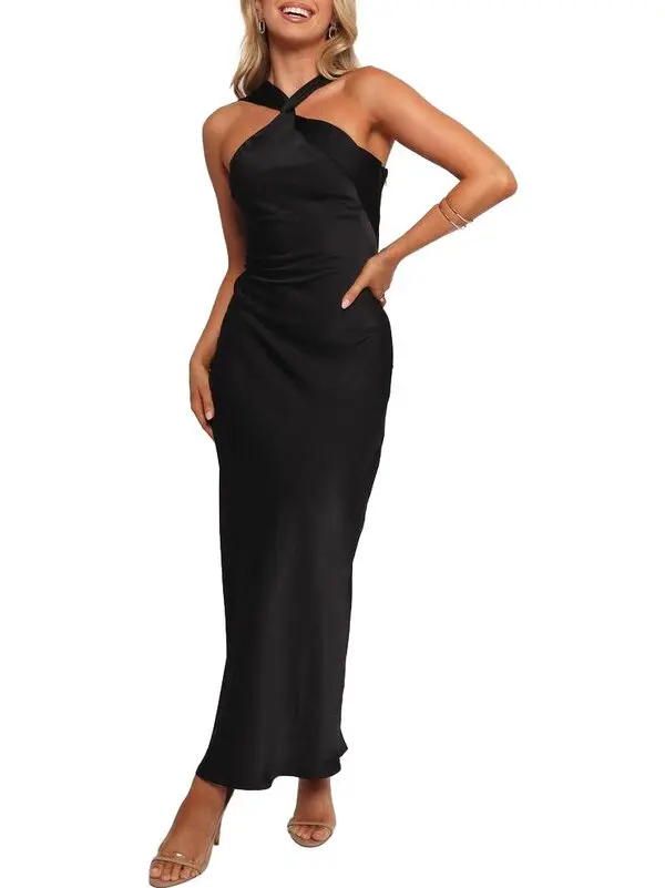 PETAL & PUP Donata Satin Evening Dress - Black
