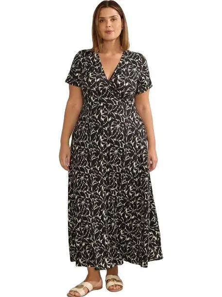 LIVE UNLIMITED Printed Short Sleeve Maxi Wrap Dress - Black