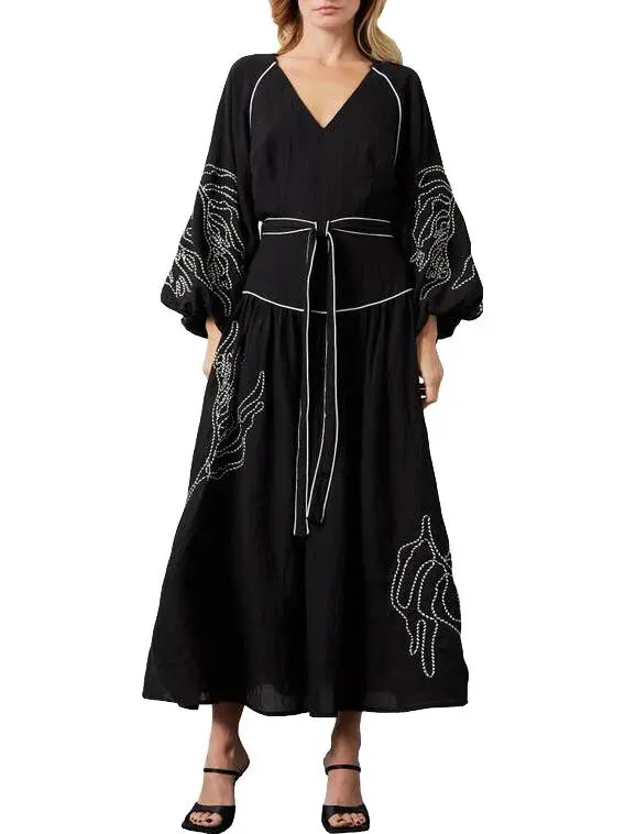 CIEBON Faye Embroidered Tie Waist Long Sleeve Maxi Dress - Black