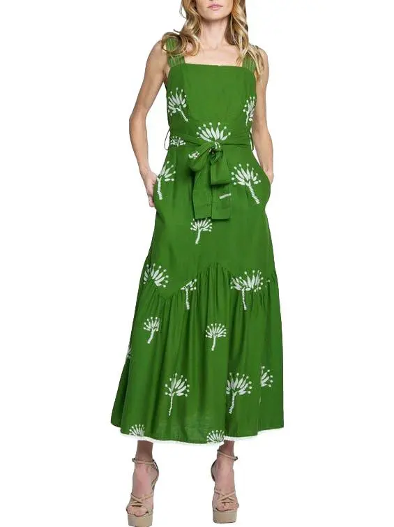 CIEBON Sadira Embroidered Tie Belt Tiered Sundress - Green