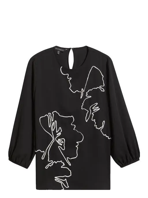 Ming Wang Floral Embroidered Popover Top - Black/white