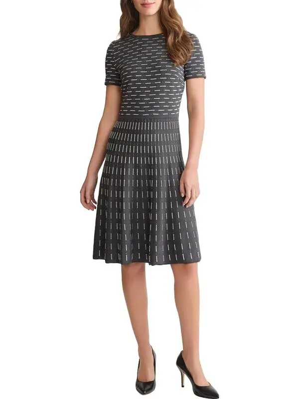 Ming Wang Digital Dash Short Sleeve Fit & Flare Dress - Granite/lunar Rock