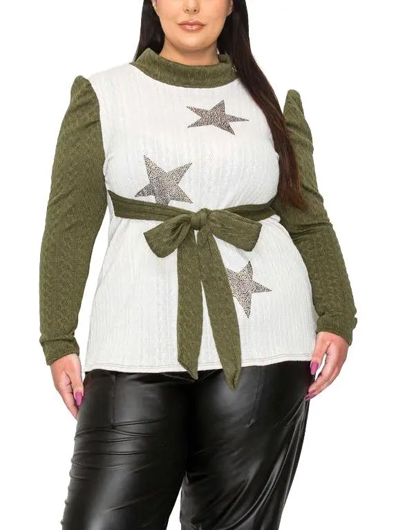 L I V D Tie Waist Puff Shoulder Sweater - Olive White