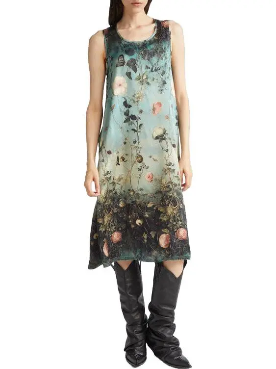 R13 Floral Print Silk Midi Dress - Dipped Black Turquoise Floral