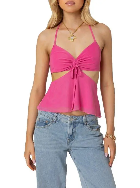 EDIKTED Cutout Mesh Halter Top - Pink