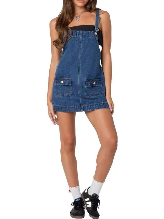 EDIKTED Denim Overall Mini Dress - Blue-washed