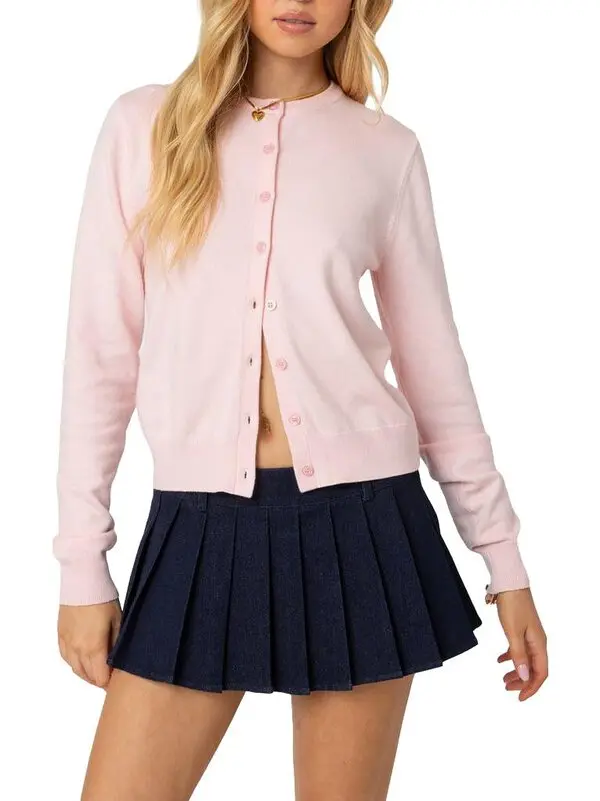 EDIKTED Crewneck Button Cardigan - Light-pink
