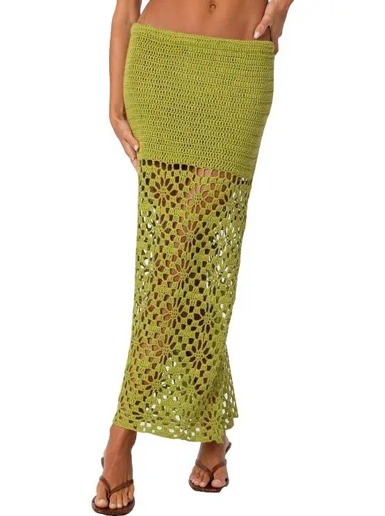EDIKTED Floral Open Knit Maxi Skirt - Green