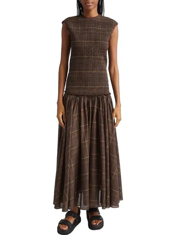 SIEDRES Renes Plaid Cutout Cotton Voile Dress - Brown Multi