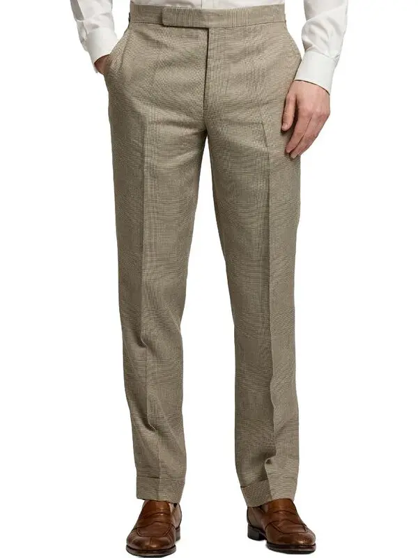 Ralph Lauren Flat-front Glen Plaid Linen & Silk Dress Pants - Summer Sand/truffle