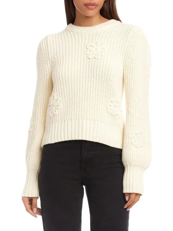 Fifteen Twenty Brylee Crochet Flower Puff Sleeve Sweater - Cream