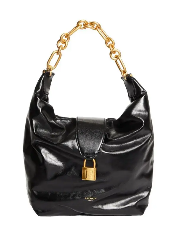 Balmain Leather Hobo Bag With Chain Strap - Black