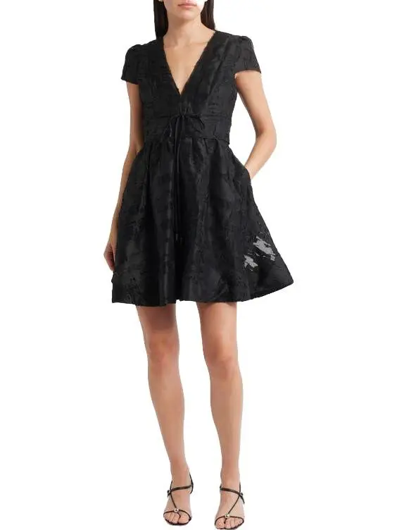 CIEBON Kiara Burnout Satin Fit & Flare Cocktail Dress - Black