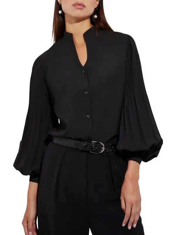 Misook Balloon Sleeve Button-up Shirt - Black