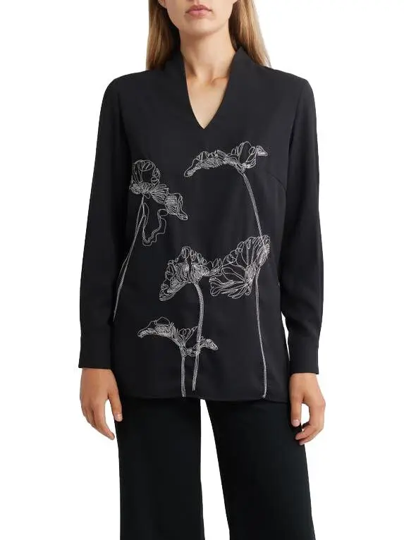 Misook Embroidered Crêpe De Chine Tunic - Black/white