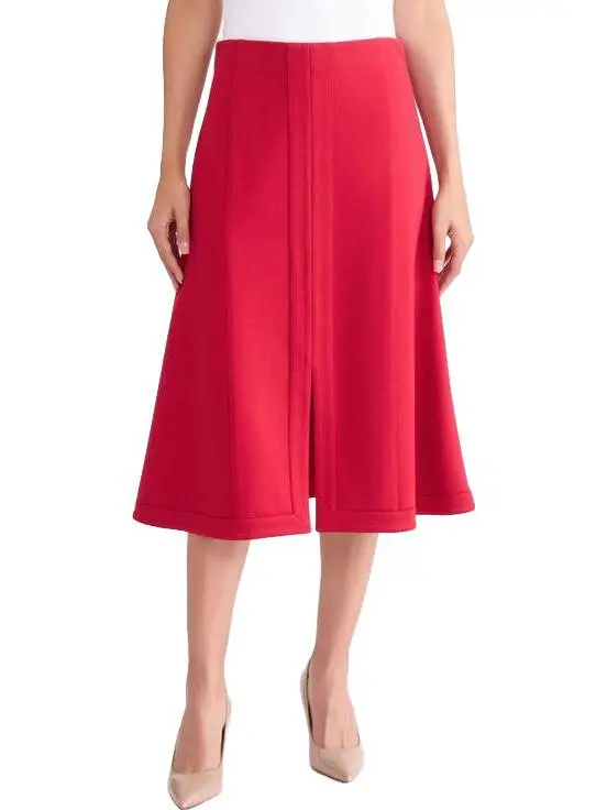 Misook Ponte A-line Midi Skirt With Front Slit - Scarlet Red