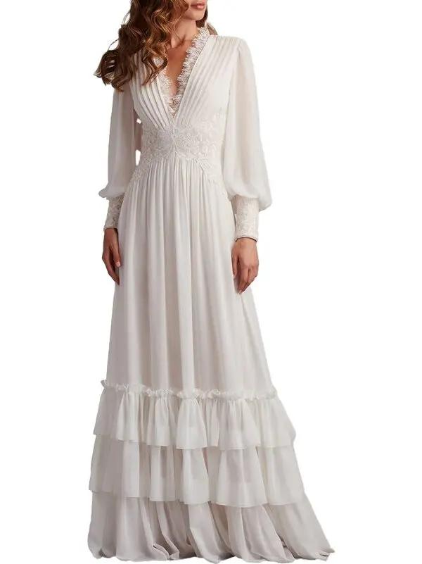 Tadashi Shoji Ruffle Pleated Long Sleeve Chiffon Gown - Ivory/petal
