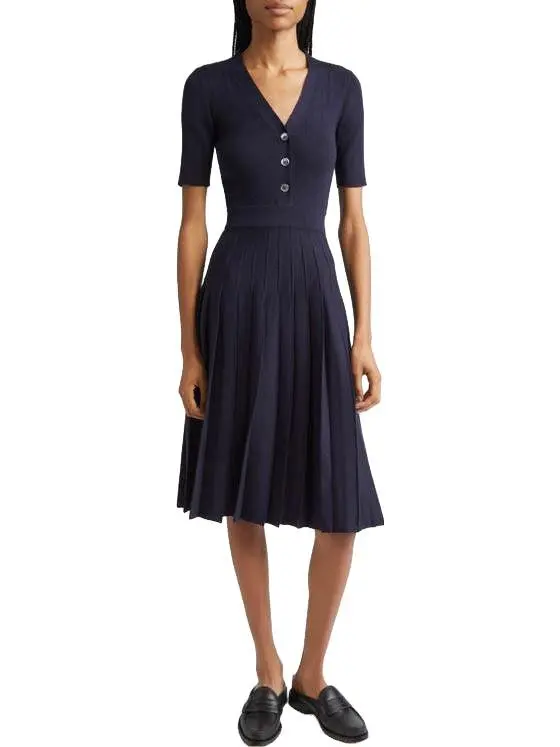 Thom Browne Mixed Stitch Wool & Silk Midi Dress - Navy