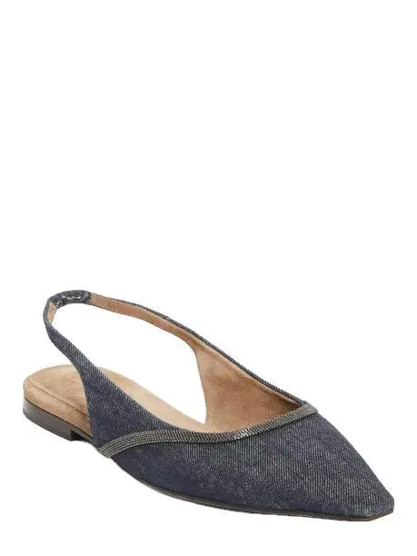 Brunello Cucinelli Monili Pointed Toe Slingback Flat - C001 Denim Blue