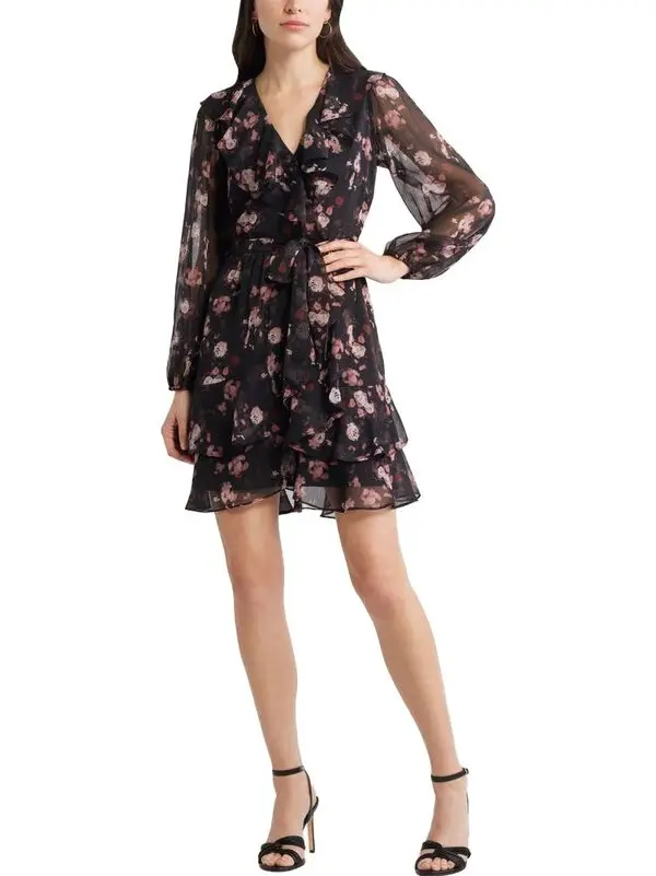 Chelsea28 Floral Ruffle Trim Chiffon Mini Dress - Black- Burg Floral