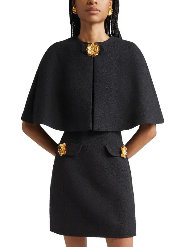 Oscar De La Renta Peony Detail Tweed Cape - Black