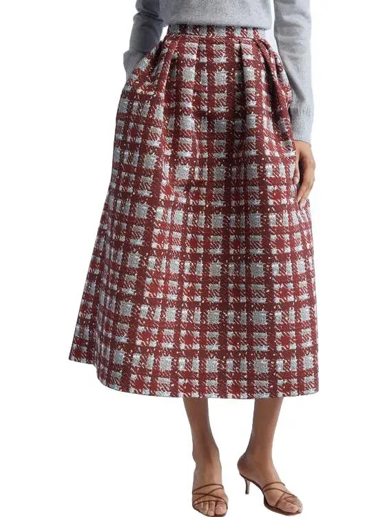 Oscar De La Renta Plaid Textured Faille A-line Skirt - Burgundy/blue