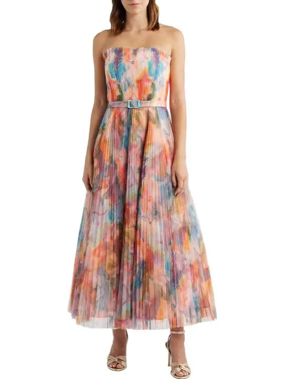 HUTCH Pleated Strapless Fit & Flare Cocktail Dress - Coral Multi Swirl