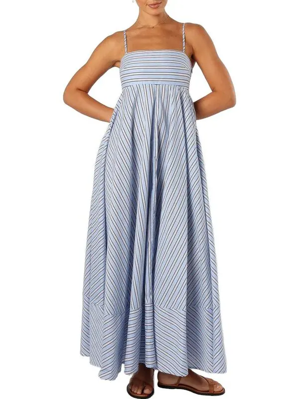 PETAL & PUP Iggy Stripe Cotton Maxi Dress - Blue