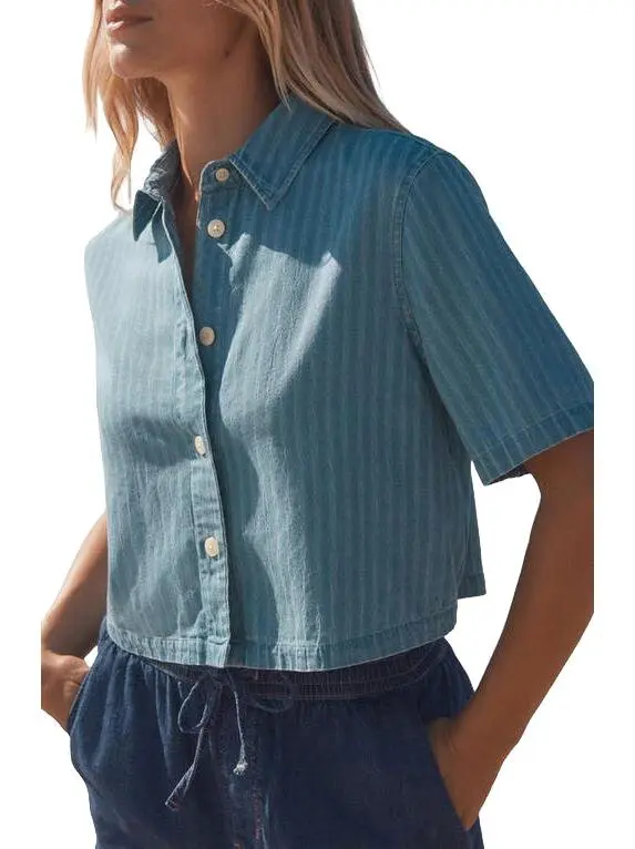NEXT Striped Boxy Denim Button-up Shirt - Blue