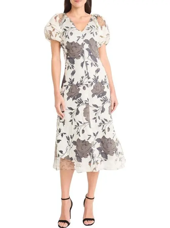 Maggy London Floral Puff Sleeve Midi Dress - Gray/ivory