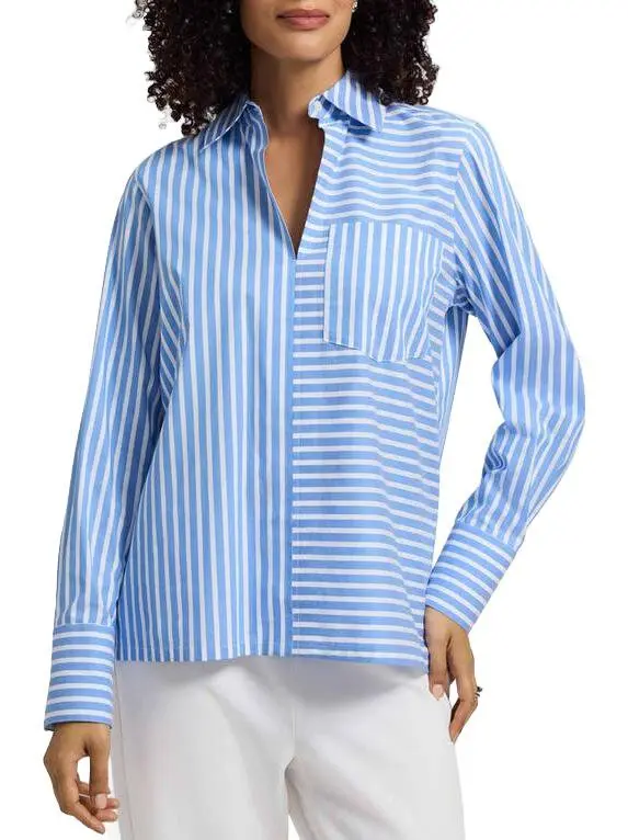 Foxcroft Bella Stripe Popover Top - Periwinkle Blue/white