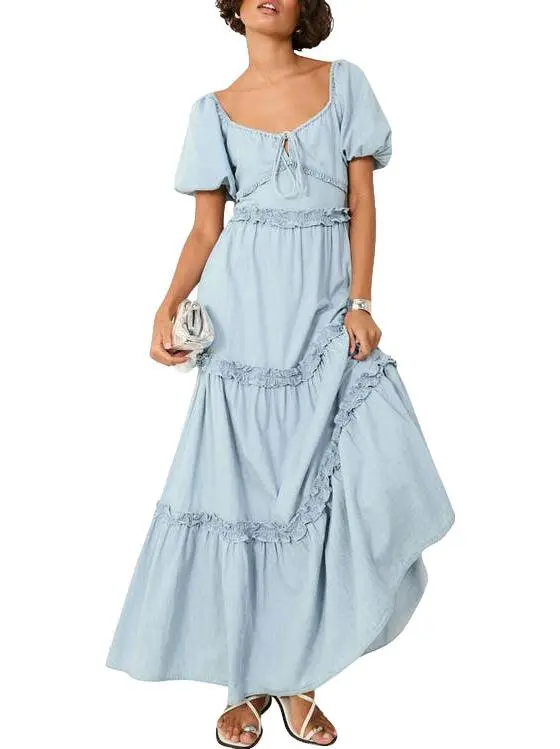 FRIENDS LIKE THESE Tiered Puff Sleeve Chambray Maxi Dress - Blue