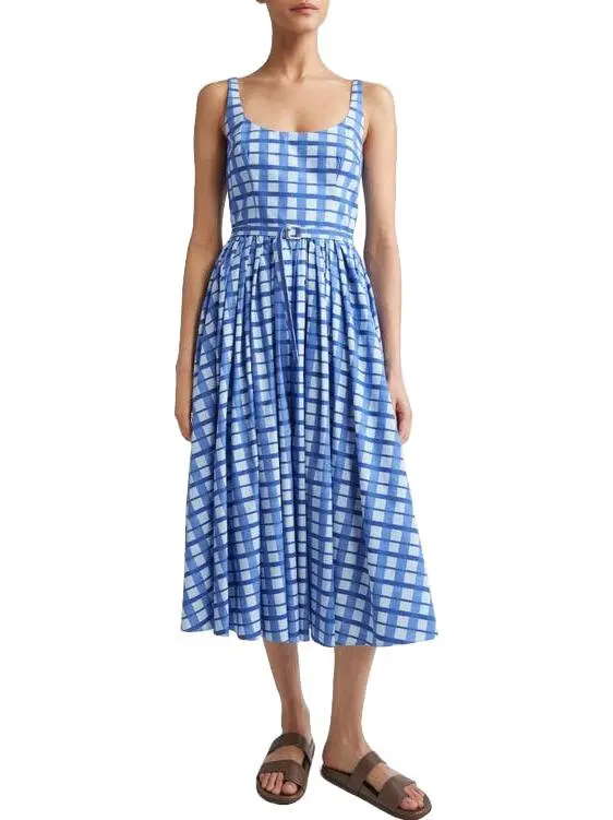 EMILIA WICKSTEAD Eglantine Belted Fit & Flare Dress - Painted Gingham Blue