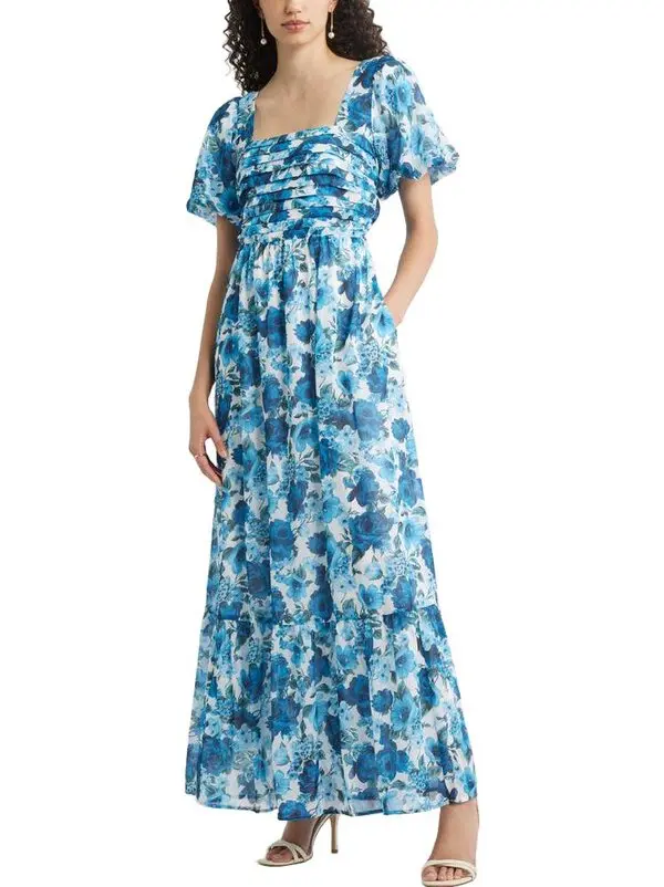 Chelsea28 Floral Tiered Puff Sleeve Maxi Dress - Blue Floral